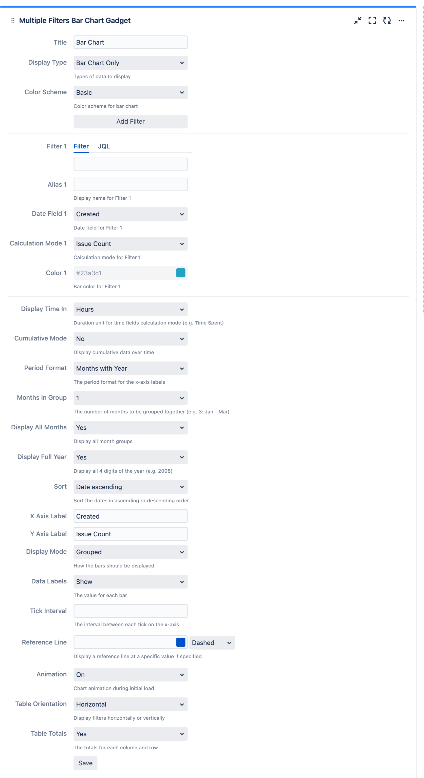 Configuring Multiple Filters Bar Chart Gadget